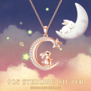 Aututer Bunny Necklace Sterling Silver Rabbit Necklace Crescent Moon Necklace with Star Bunny Jewelry for Women Teen Girls Animal Themed Gifts Back to School Gifts