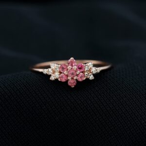 Pink Tourmaline Ring for Women, Pink Tourmaline and Diamond Ring, Tourmaline Flower Cluster Ring, October Birthtone Floral Ring, 14K Rose Gold, Size:US 4.50