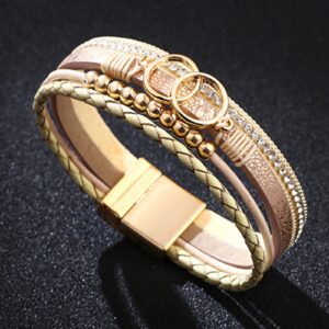 Long tiantian Boho Leather Wrap Bracelet for Women Infinity Beaded Bracelets with Clasp Stackable Leather Cuff Bangle Bracelet(gold)