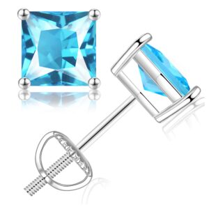 smilest aquamarine birthstone earrings for women, sparkle princess cut aquamarine march birthstone earrings 18k white gold plated blue aquamarine jewelry march birthday gifts for women screw back