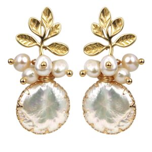 pearl earrings with 18k gold life tree, 925 sterling needle & baroque pearl drop earrings for women