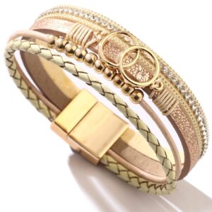 Long tiantian Boho Leather Wrap Bracelet for Women Infinity Beaded Bracelets with Clasp Stackable Leather Cuff Bangle Bracelet(gold)