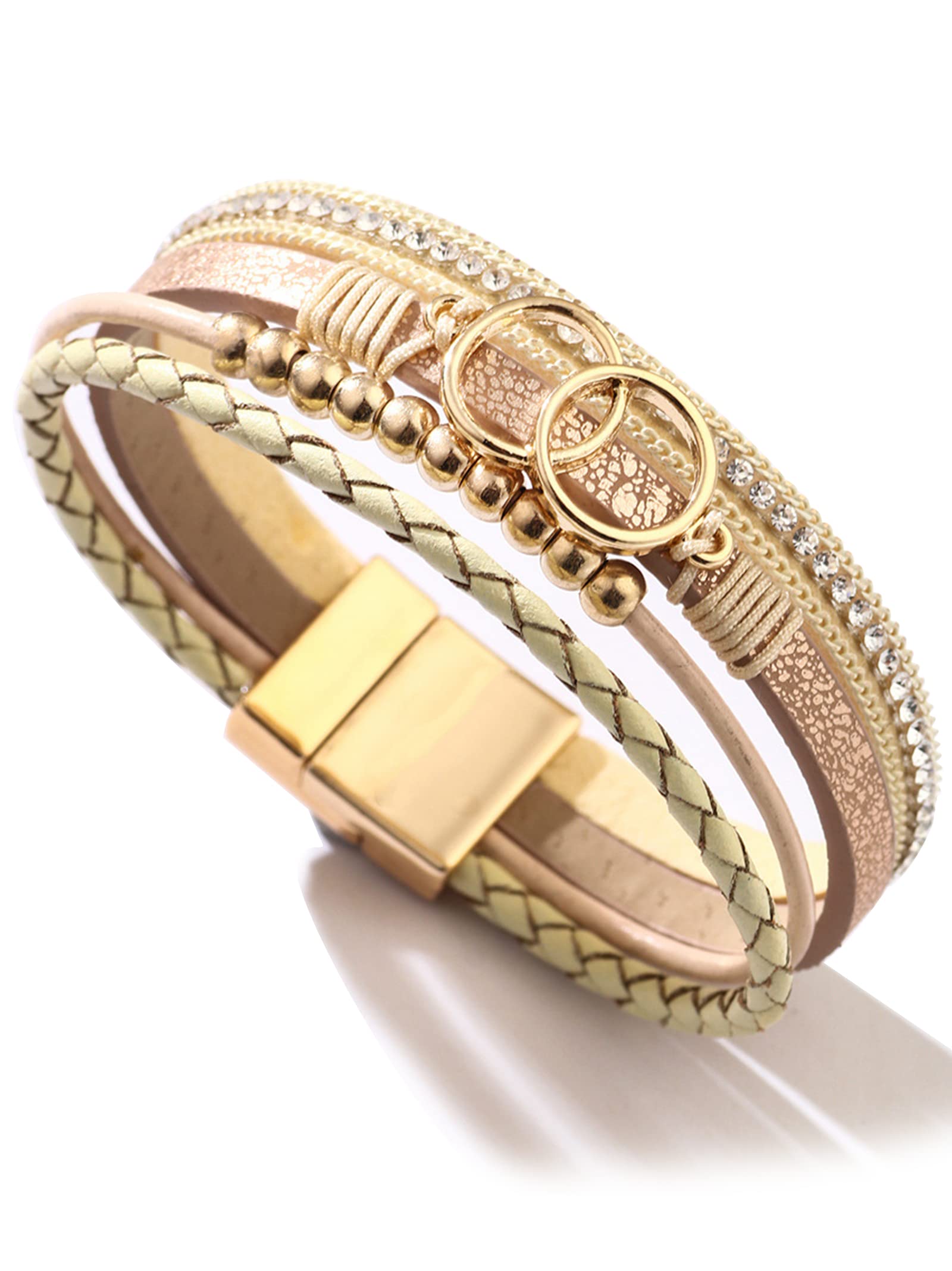 Long tiantian Boho Leather Wrap Bracelet for Women Infinity Beaded Bracelets with Clasp Stackable Leather Cuff Bangle Bracelet(gold)