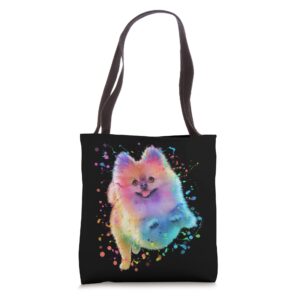 colorful splash art pomeranian portrait pom puppy owner tote bag