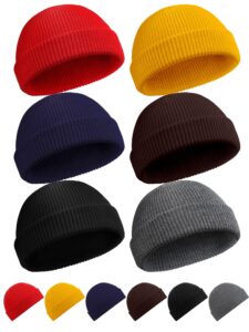 satinior 4 pieces winter short fisherman beanie hat trawler beanie watch hat edge skullcap for men (black, brown, yellow, blue, dark grey)