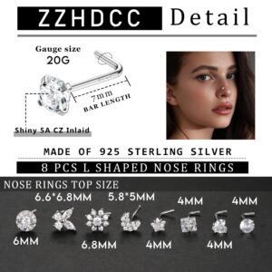 ZZHDCC 8Pcs Nose Rings L Shaped 925 Sterling Silver Nose Ring For Women Butterfly Halo Nose Stud CZ Star Heart Nose Studs 20G Nose Piercings Nostril Body Jewelry