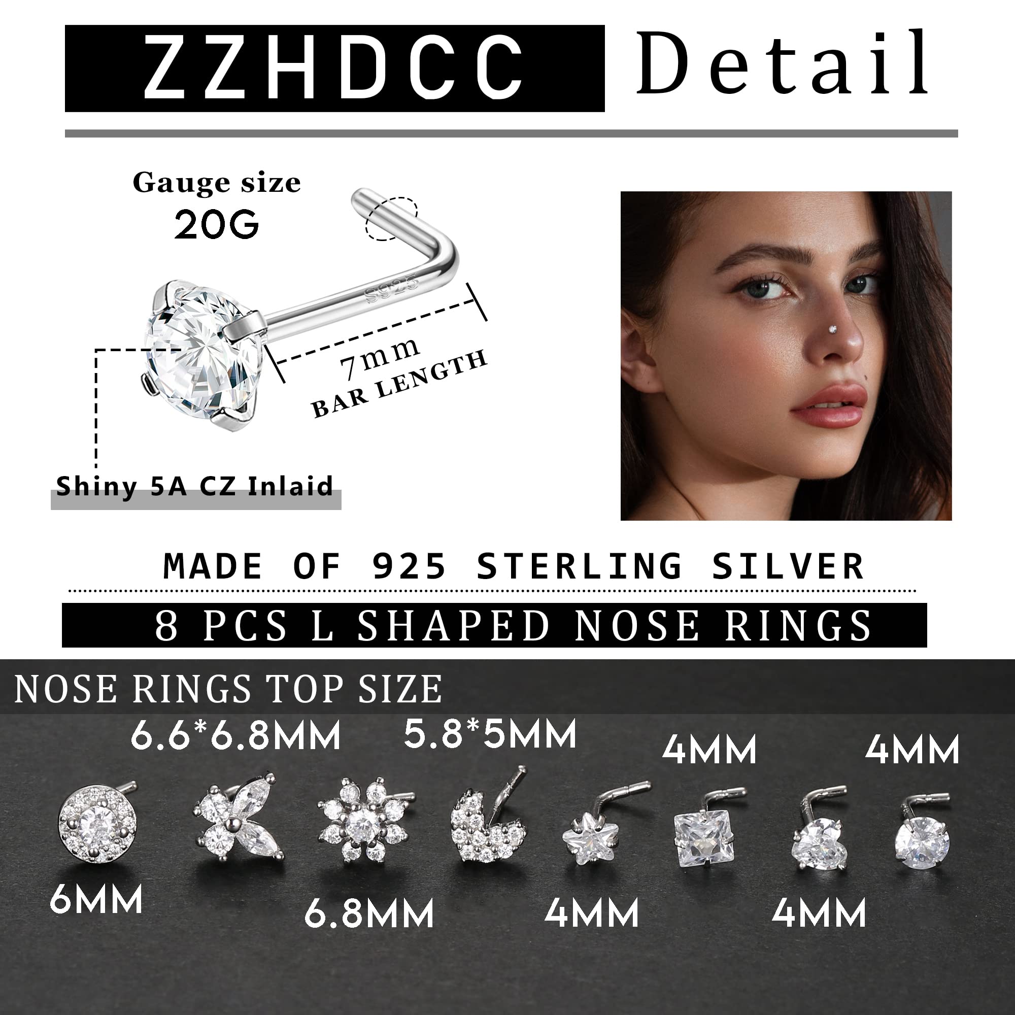 ZZHDCC 8Pcs Nose Rings L Shaped 925 Sterling Silver Nose Ring For Women Butterfly Halo Nose Stud CZ Star Heart Nose Studs 20G Nose Piercings Nostril Body Jewelry