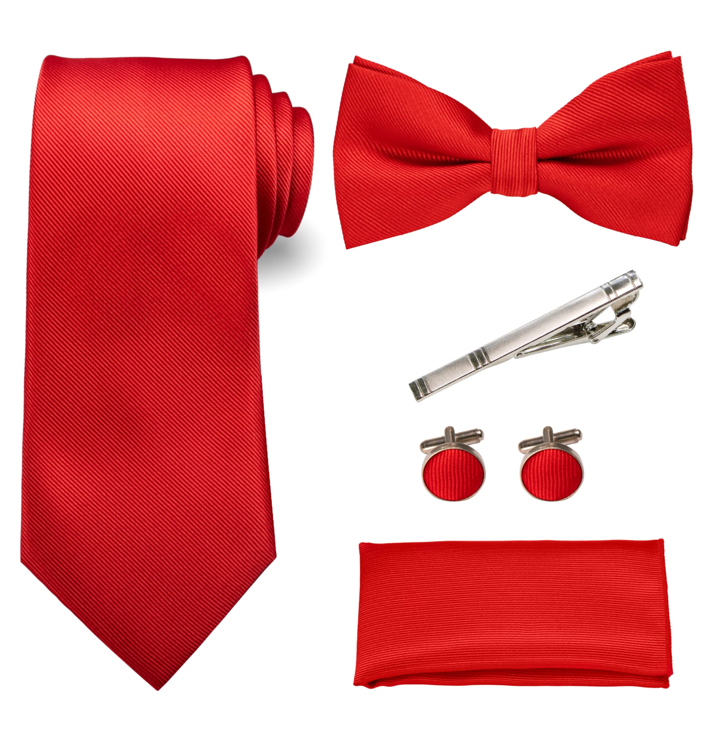 RBOCOTT Red Tie and Bow Tie Pocket Square with Cufflinks and Tie Clip Sets for Men(15)