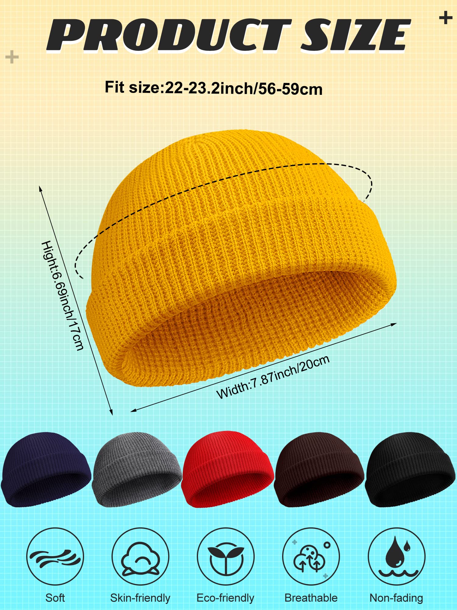 SATINIOR 4 Pieces Winter Short Fisherman Beanie Hat Trawler Beanie Watch Hat Edge Skullcap for Men (Black, Brown, Yellow, Blue, Dark Grey)