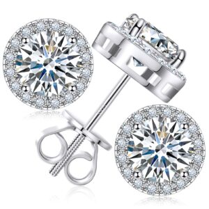 moissanite halo earrings screw back 4.0ct 8mm*2 18k white gold plated 925 sterling silver lab round cut brilliant d color vvs1 clarity moissanite diamond stud earrings for women men