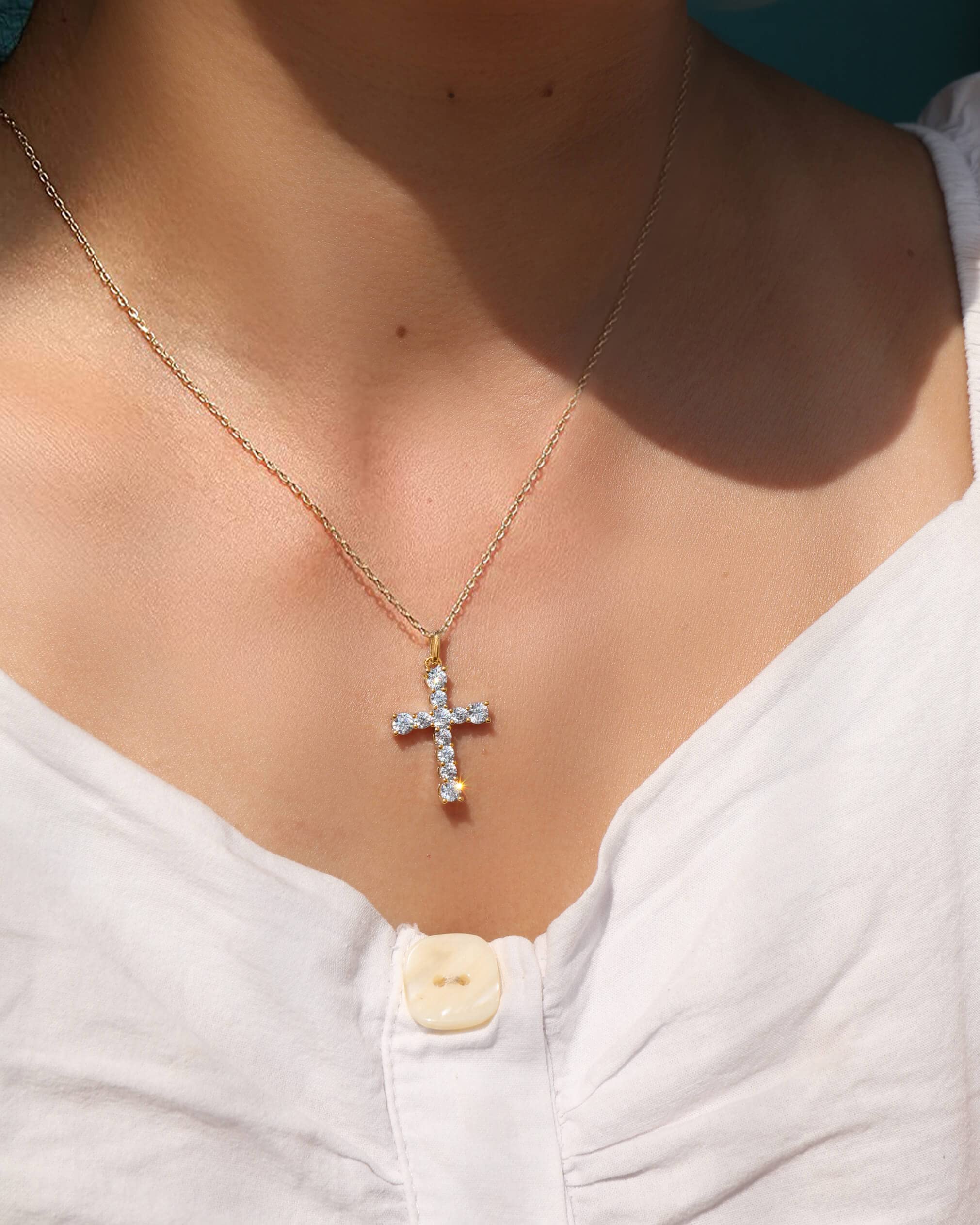 Meow Star Cross Necklace for Women Gold Plated Cross Pendant Necklace Cross Layered Necklace Minimalist Simple God Lords Prayer Religious Jewelry Gift