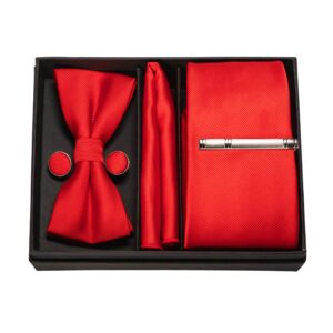 RBOCOTT Red Tie and Bow Tie Pocket Square with Cufflinks and Tie Clip Sets for Men(15)