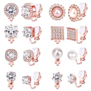 crazypiercing 8 pairs clip on earring rose gold non-pierced earring crystal cz pearl clip on stud earring non pierced earrings set for women