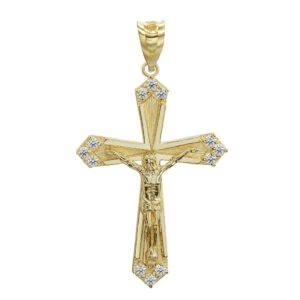 exquisite 14k yellow gold 1.75" cz-studded catholic jesus christ on crucifix cross pendant