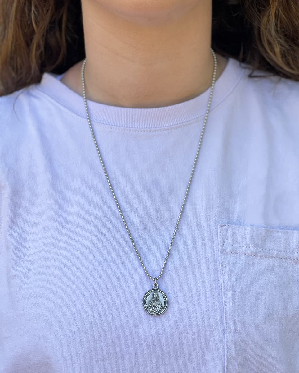 Saint Dymphna Necklace Patron Saint of Anxiety, Stress, and Mental Health Catholic Jewelry - Silver Oxidized Round 7/8" St Dymphna Medal with 24" Adjustable Hypoallergenic Ball Chain - Made in Italy