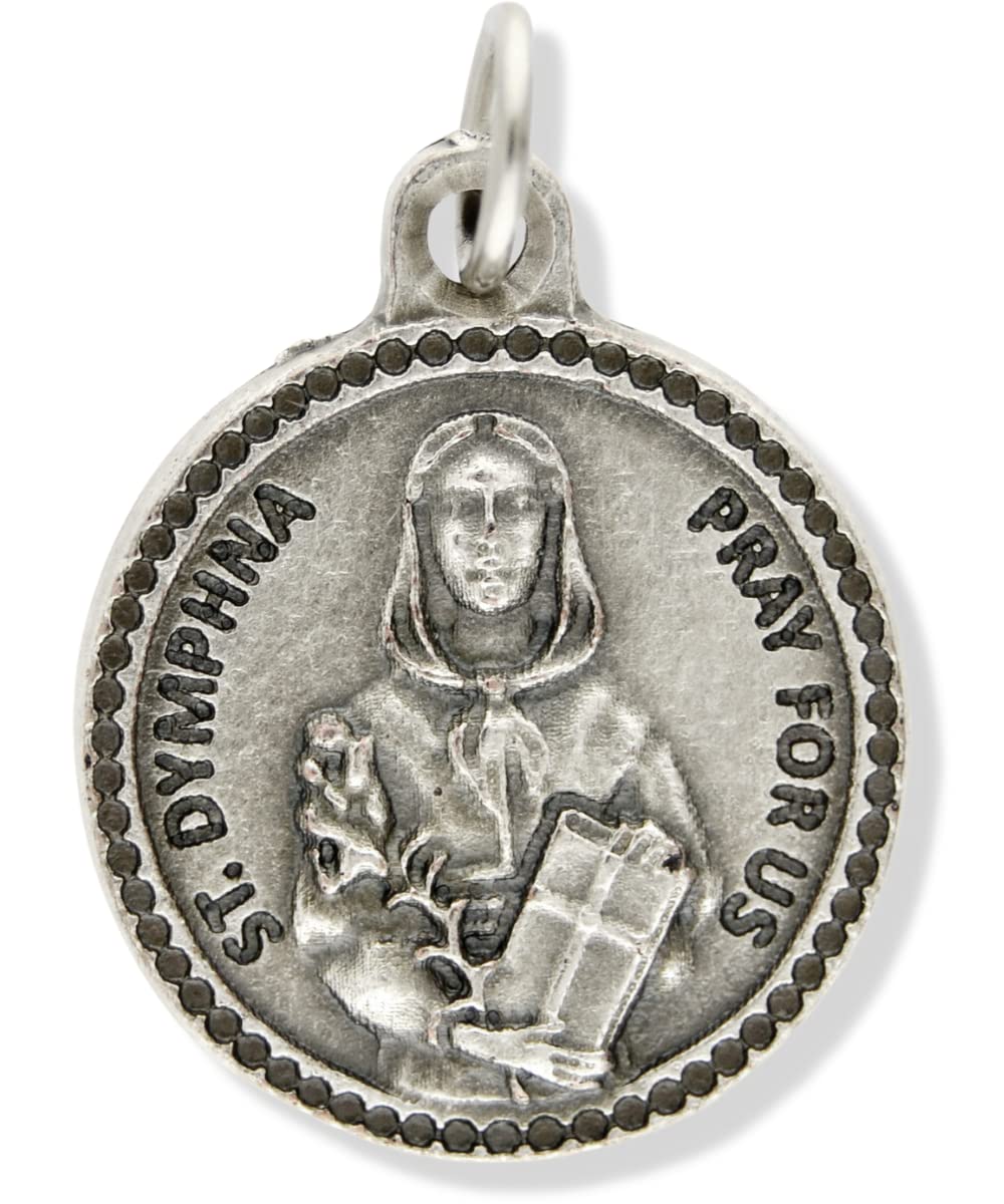 Saint Dymphna Necklace Patron Saint of Anxiety, Stress, and Mental Health Catholic Jewelry - Silver Oxidized Round 7/8" St Dymphna Medal with 24" Adjustable Hypoallergenic Ball Chain - Made in Italy