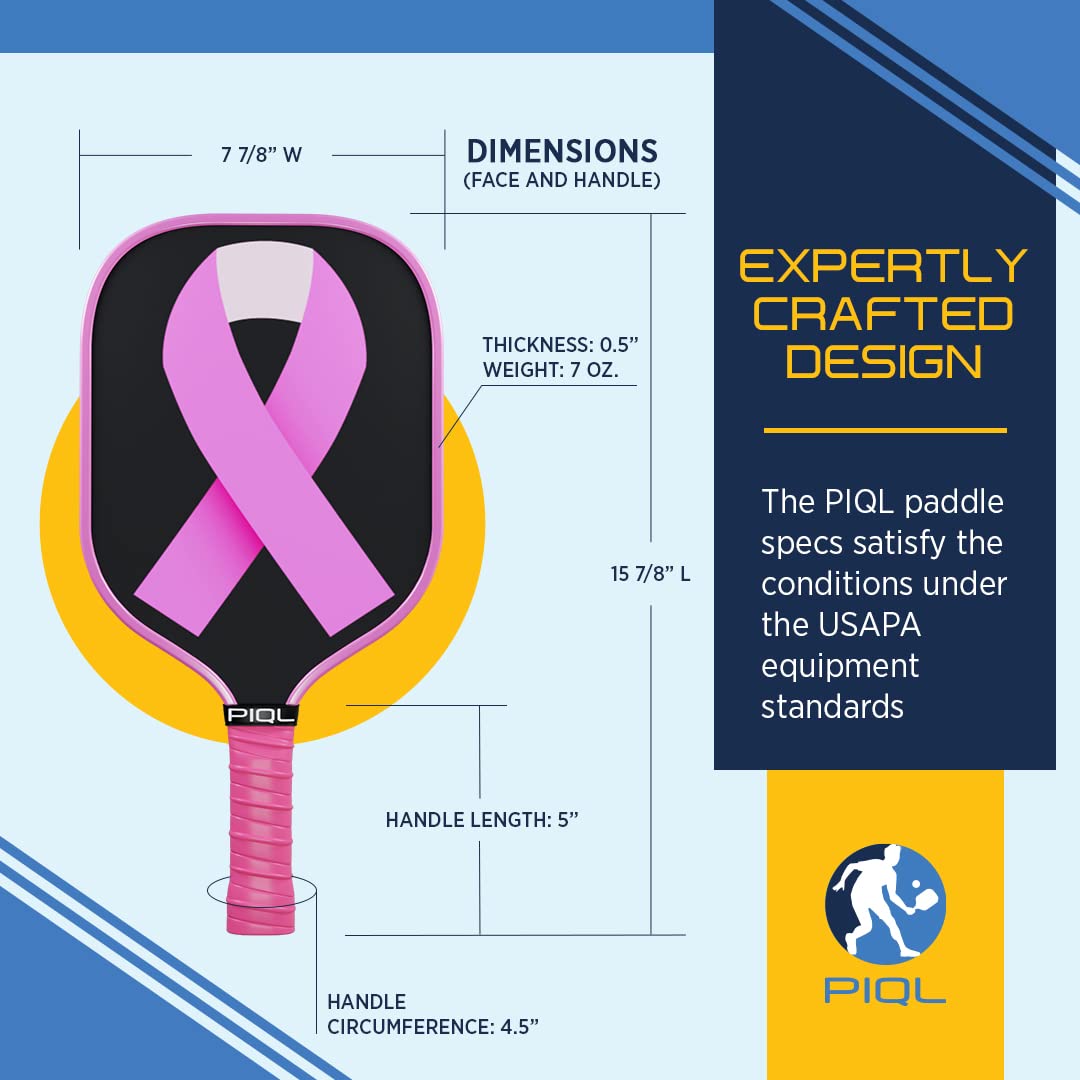 PIQL Pickleball Paddle - Benefits Charity (Pink Ribbon) - Outdoor Pickleball Paddle Carbon Fiber Frame - Polypropylene Honeycomb Core Lightweight Pickleball Paddle - Graphite Pickleball Paddle