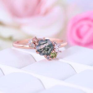 Moss Agate Peridot Opal And Diamond Cluster Ring Art Deco Engagement Ring Rose Gold Plated Gift For Wife BY KANISHKA GEMS JEWELS