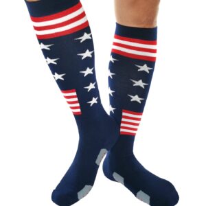 BUENWAZ Knee High American Flag Baseball Socks for Men Athletic Cushioned Patriotic Over the Calf Socks for Softball Football Soccer (Stars & Stripes)