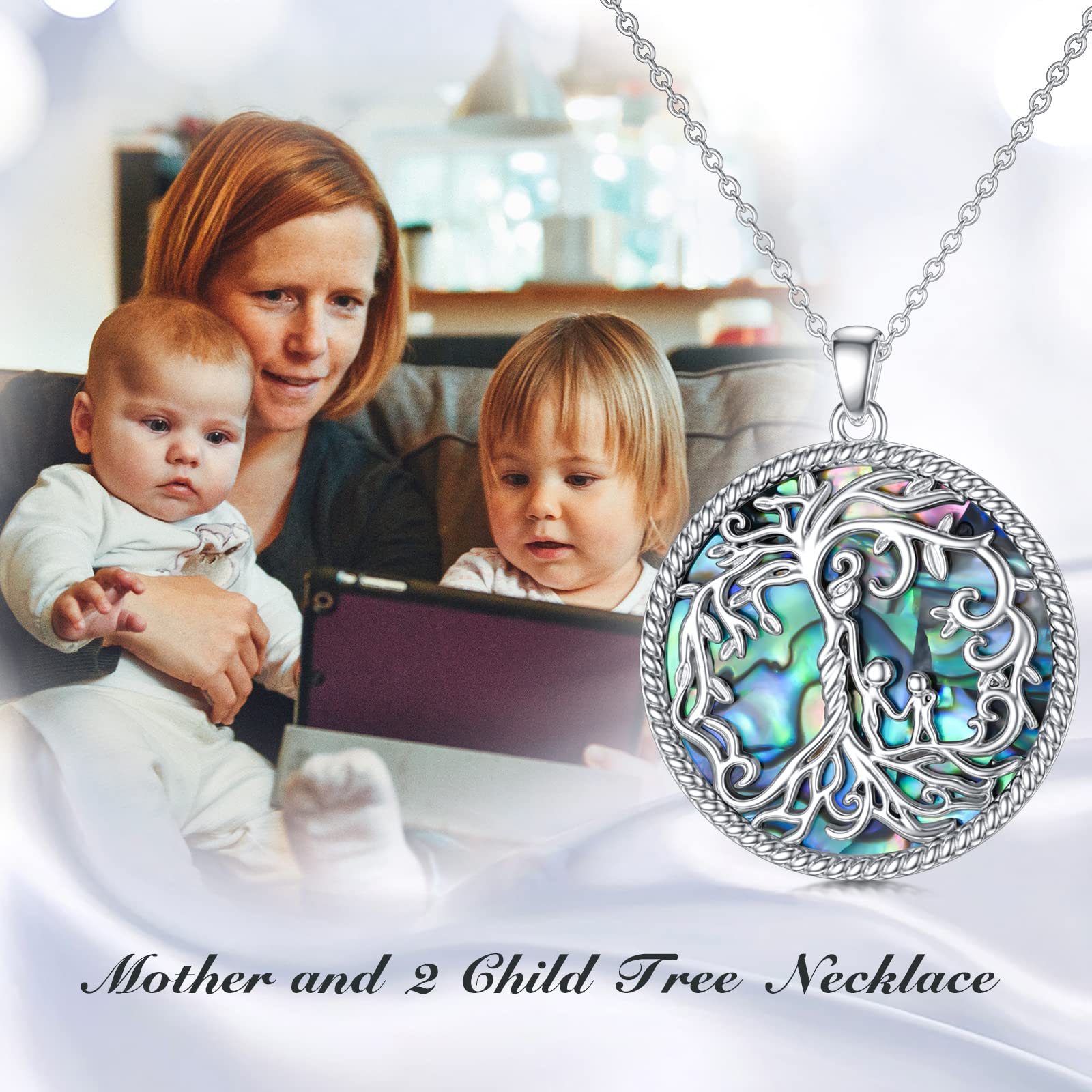 TOUPOP Gifts for Mom Mother and 2 Daughters/Sons Tree of Life Necklace 925 Sterling Silver with Abalone Shell Family Tree Pendant Jewelry Gifts for Women Mom Birthday