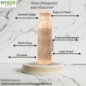 HYGGE Copper Water Bottle for Drinking – 34oz Engraved Pure Copper Water Bottle – Travel Water Bottle for Gym, Office, Hiking, Outdoor – Ayurvedic Water Bottle with Lid