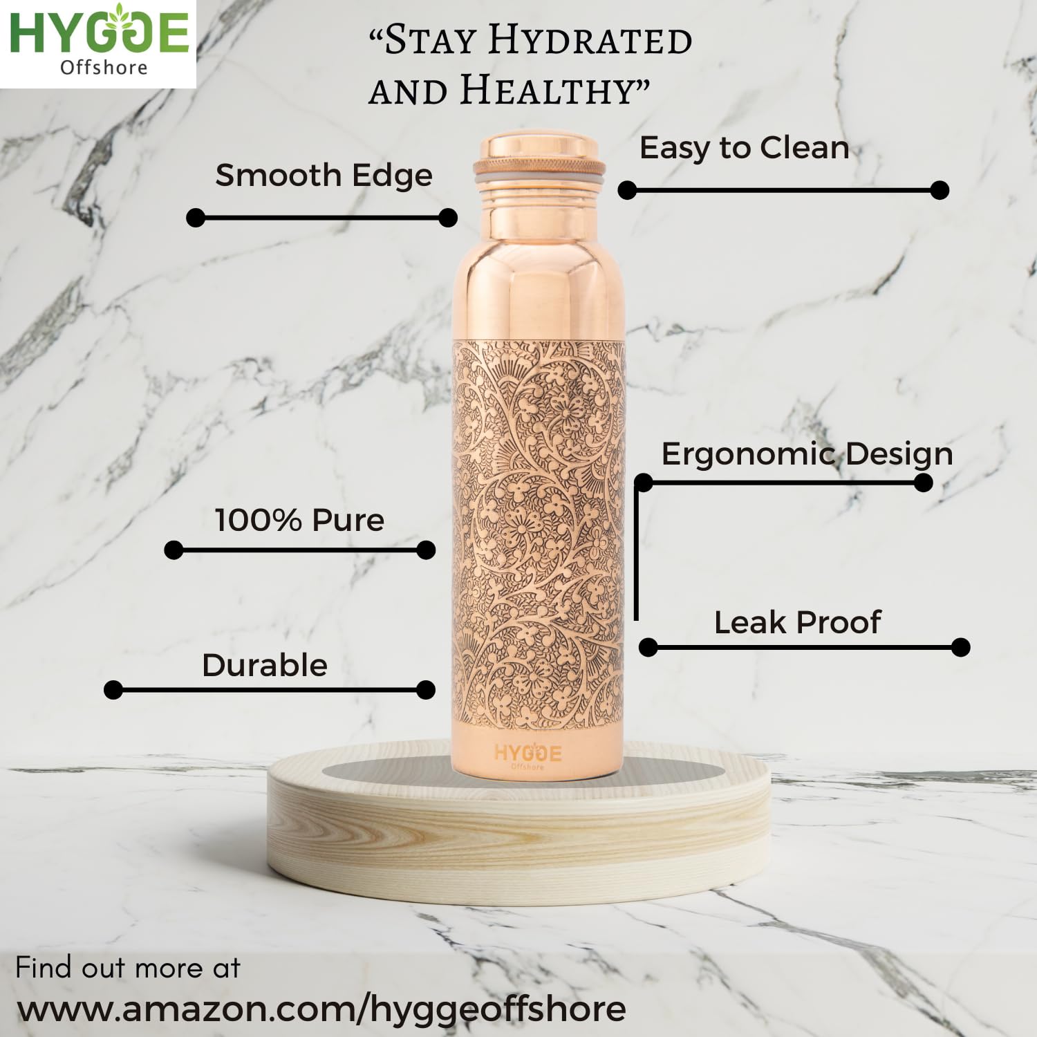 HYGGE Copper Water Bottle for Drinking – 34oz Engraved Pure Copper Water Bottle – Travel Water Bottle for Gym, Office, Hiking, Outdoor – Ayurvedic Water Bottle with Lid