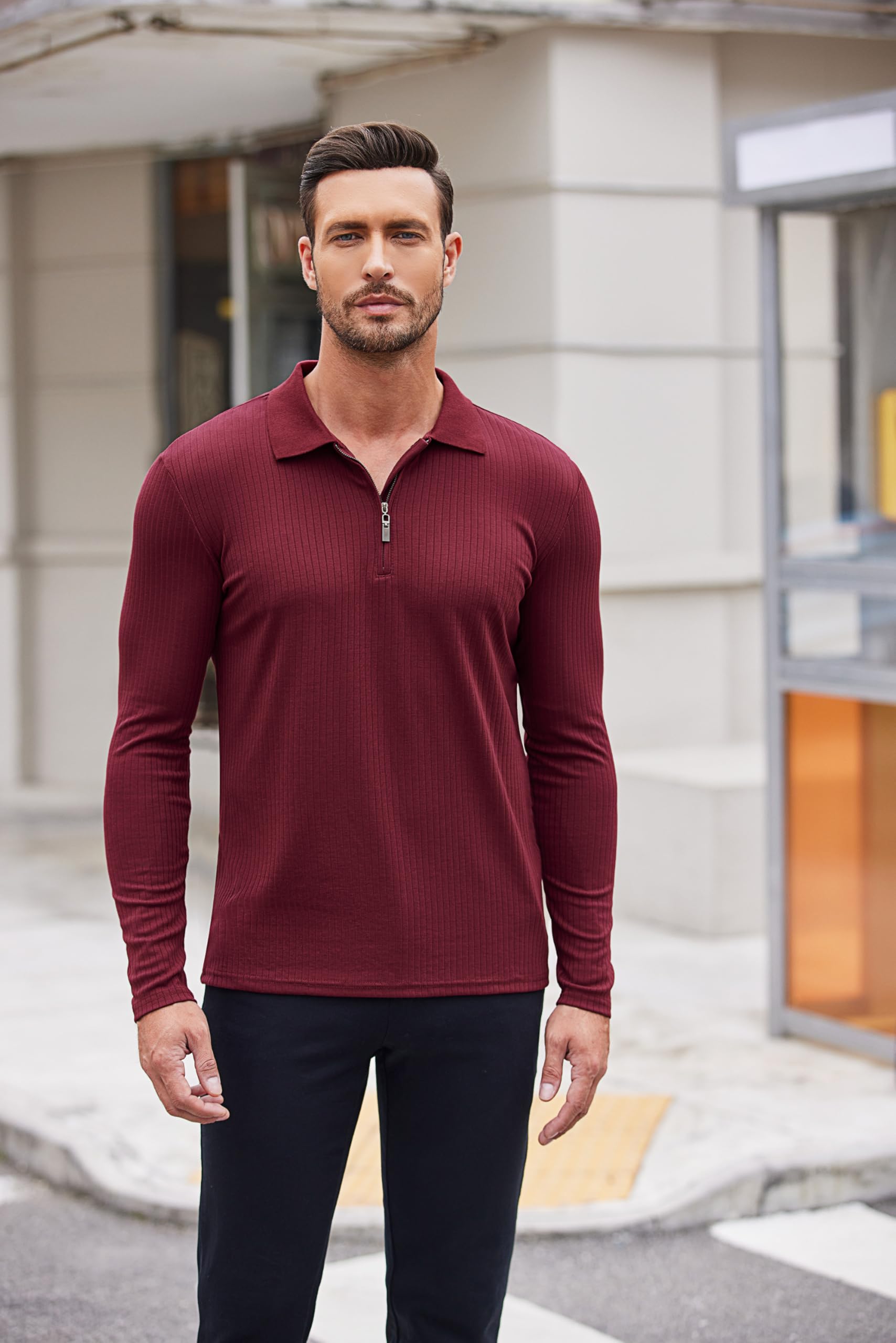 COOFANDY Men's Fitted T Shirts Long Sleeve Slim Fit Knitted Muscle Polo Shirts Stretch Pullover Shirts for Men Wine Red