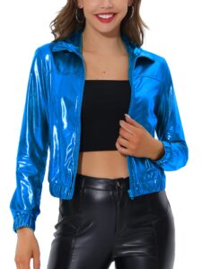 allegra k women's holographic shiny party christmas long sleeve lightweight zipper metallic jacket medium blue