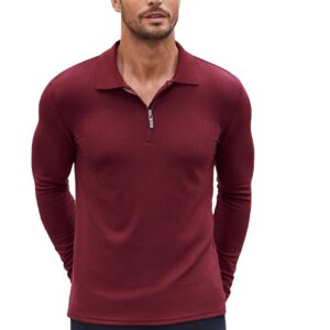 COOFANDY Men's Fitted T Shirts Long Sleeve Slim Fit Knitted Muscle Polo Shirts Stretch Pullover Shirts for Men Wine Red