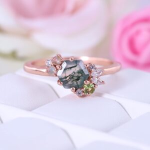 Moss Agate Peridot Opal And Diamond Cluster Ring Art Deco Engagement Ring Rose Gold Plated Gift For Wife BY KANISHKA GEMS JEWELS