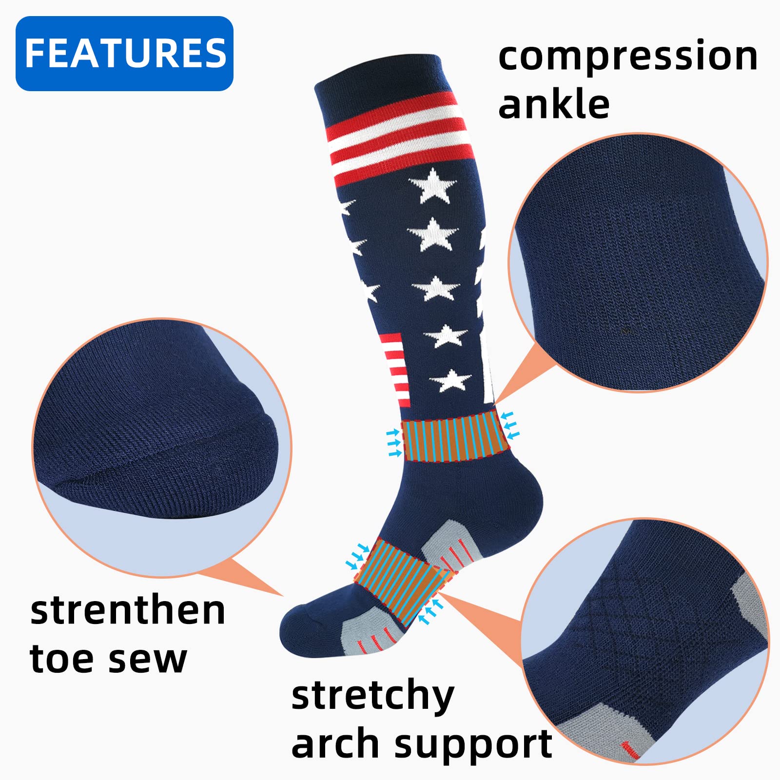 BUENWAZ Knee High American Flag Baseball Socks for Men Athletic Cushioned Patriotic Over the Calf Socks for Softball Football Soccer (Stars & Stripes)