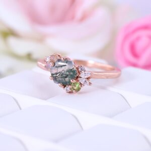 Moss Agate Peridot Opal And Diamond Cluster Ring Art Deco Engagement Ring Rose Gold Plated Gift For Wife BY KANISHKA GEMS JEWELS