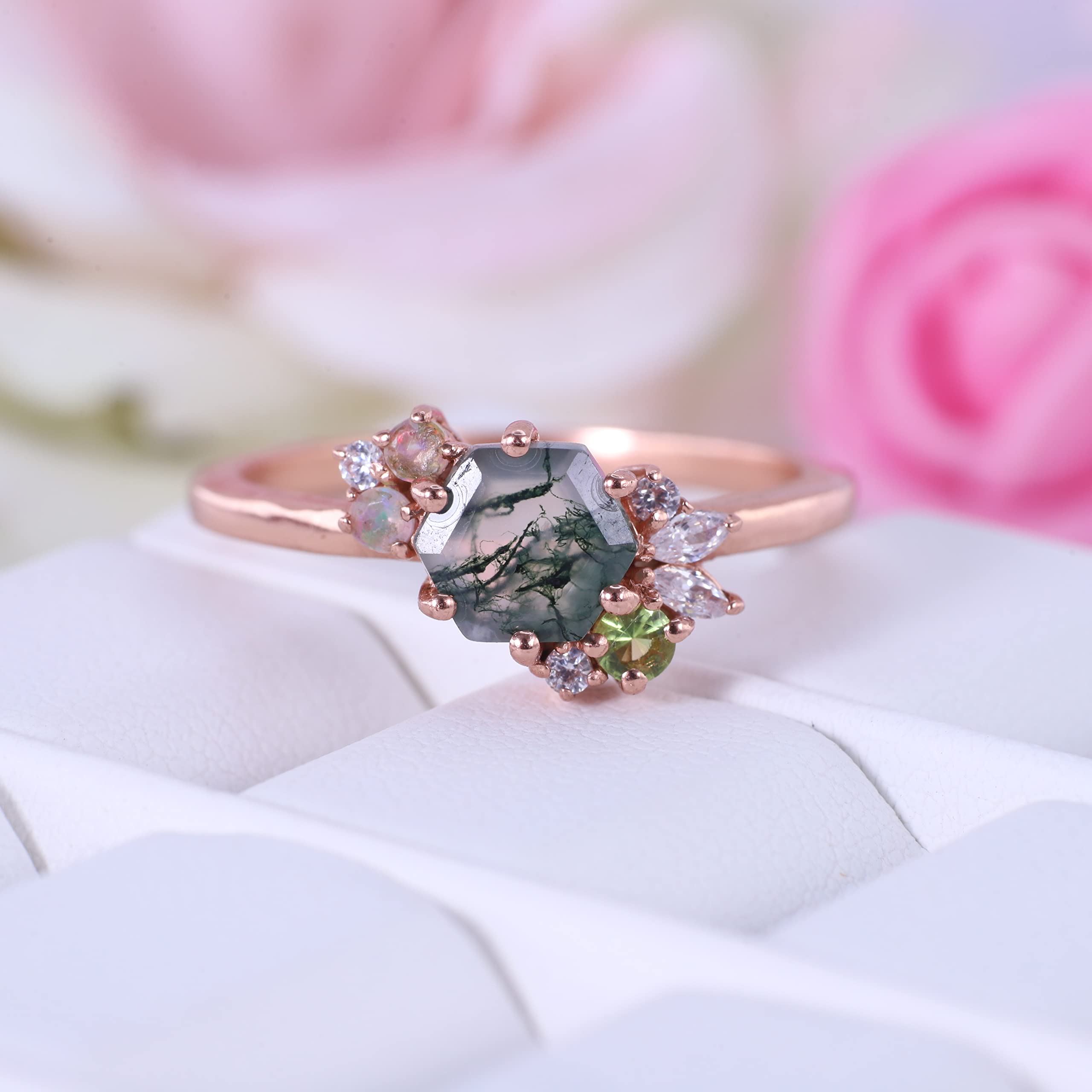 Moss Agate Peridot Opal And Diamond Cluster Ring Art Deco Engagement Ring Rose Gold Plated Gift For Wife BY KANISHKA GEMS JEWELS