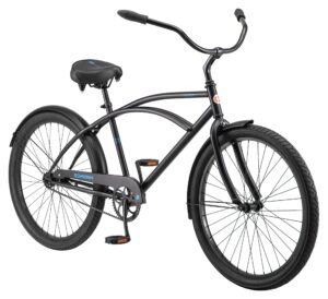 schwinn huron beach cruiser bike for adult, single speed, coaster brake, 26-inch wheels, 18-inch steel frame, full front & rear fenders, classic handlebar, black