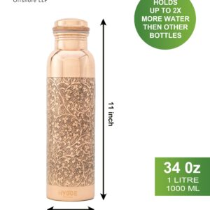 HYGGE Copper Water Bottle for Drinking – 34oz Engraved Pure Copper Water Bottle – Travel Water Bottle for Gym, Office, Hiking, Outdoor – Ayurvedic Water Bottle with Lid