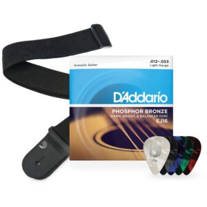 d'addario acoustic guitar strings, picks, strap beginner kit - ej16 phosphor bronze acoustic strings, 12-53 light - poly pro black guitar strap - 10 pack celluloid assorted, medium gauge guitar picks