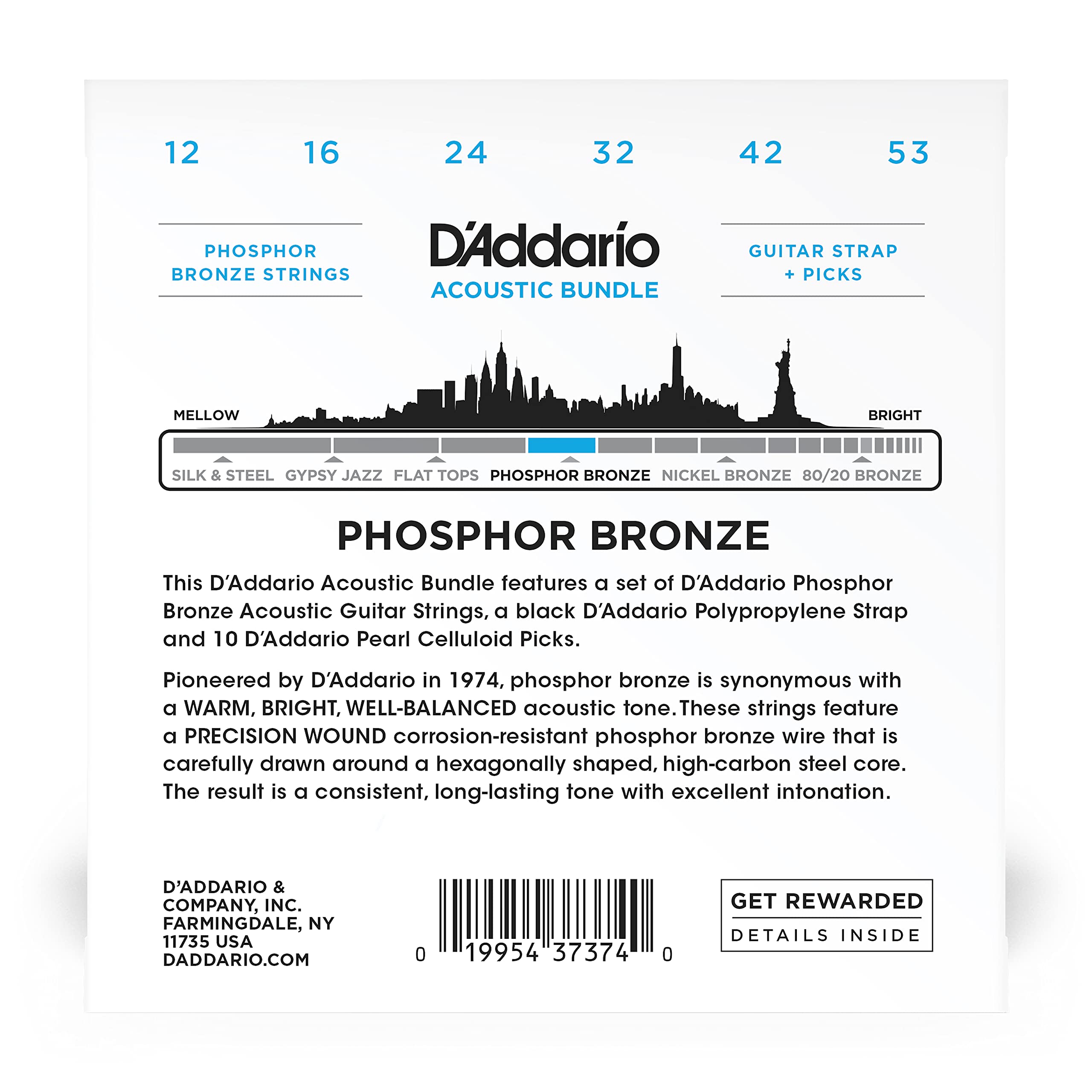 D'Addario Acoustic Guitar Strings, Picks, Strap Beginner Kit - EJ16 Phosphor Bronze Acoustic Strings, 12-53 Light - Poly Pro Black Guitar Strap - 10 pack Celluloid Assorted, Medium Gauge Guitar Picks