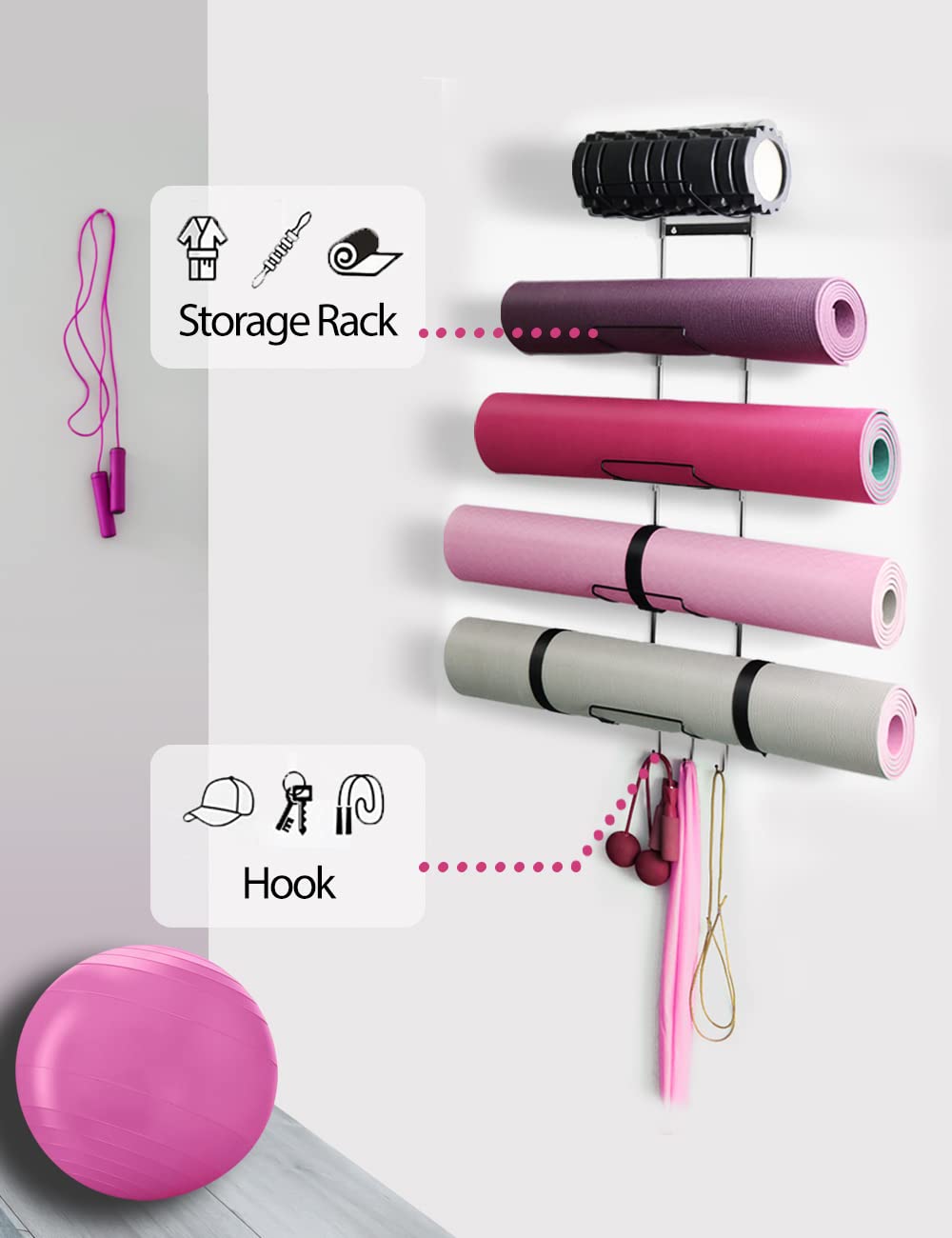 5-Tiers Yoga Mat Holder Wall Mount, Metal Storage Rack for Yoga Mat/Wheels, Foam Roller and Block, Wall Yoga Mat Rack with 3-Hooks for Hanging Stretching Strap, Resistance Bands, Yoga Accessories