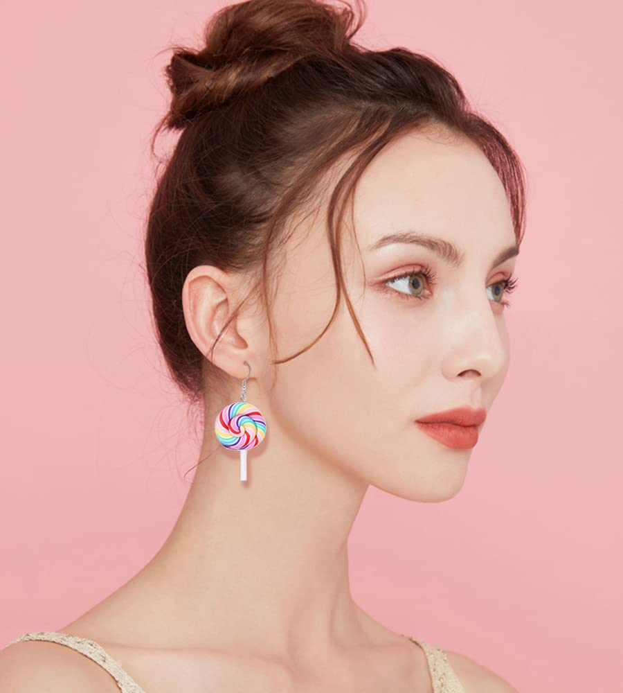 Cute Lollipop Colorful Rainbow Statement Lightweight Halloween Hook Dangle Drop Earrings for Women Teen Girls Little Sensitive Ear Lovely Sweet Candy Sugar Charm Hanging Dangling Hypoallergenic