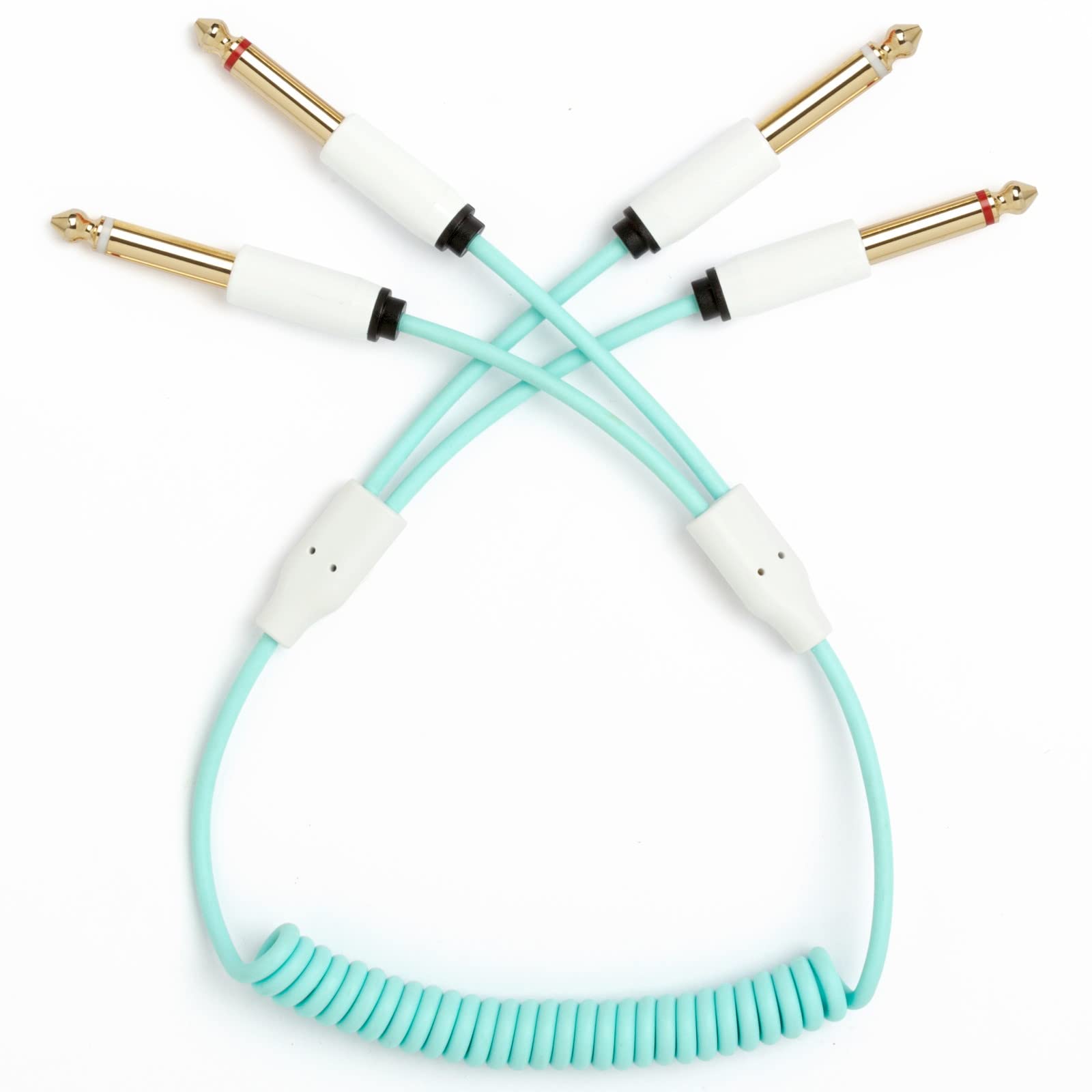 MyVolts Candycord audio cable, 2 x straight large jack to 2 x straight large jack, curly 40cm to 50cm, Mint Green colour