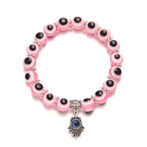 lucky evil eye bracelets set colorful turkish amulet hamsa evil eye beaded charm stretch elastic bracelet for women men-pink