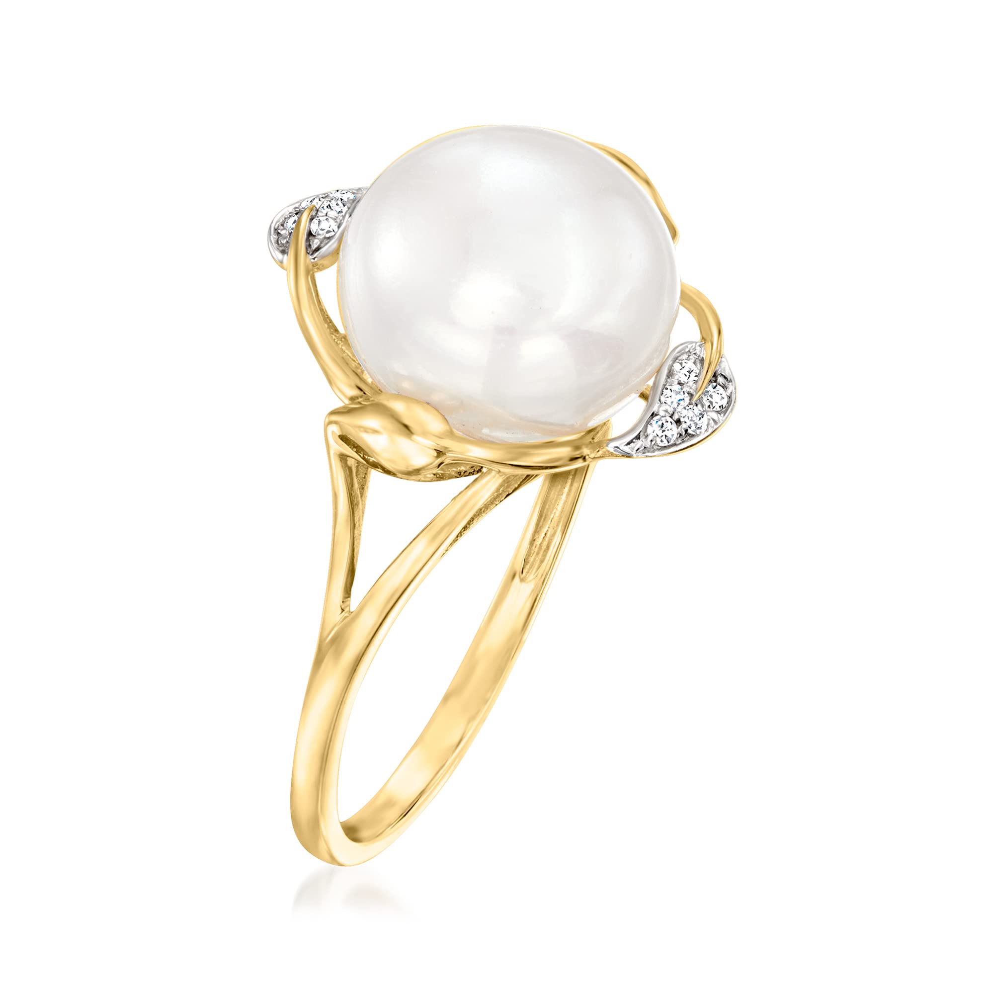 Ross-Simons 10-10.5mm Cultured Pearl Leaf Ring With Diamond Accents in 14kt Yellow Gold. Size 9