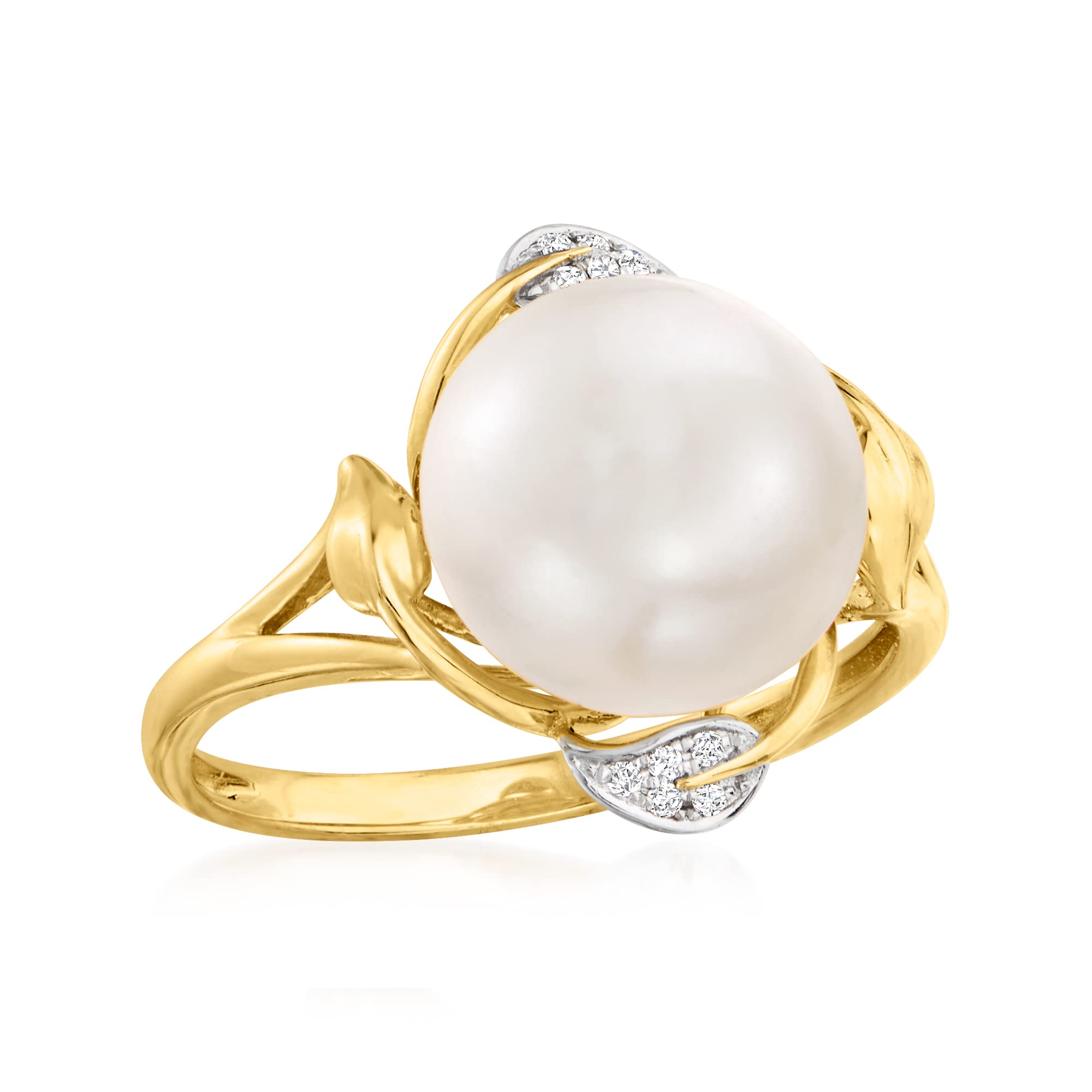 Ross-Simons 10-10.5mm Cultured Pearl Leaf Ring With Diamond Accents in 14kt Yellow Gold. Size 9