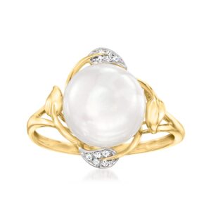 ross-simons 10-10.5mm cultured pearl leaf ring with diamond accents in 14kt yellow gold. size 9