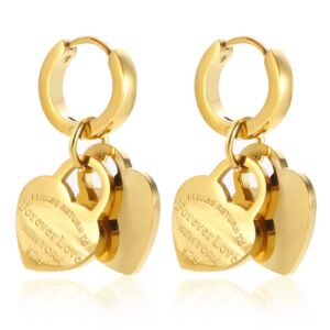 heart dangle hoop earrings for women, christmas gift for her, 18k gold plated dainty small post huggie drop earrings