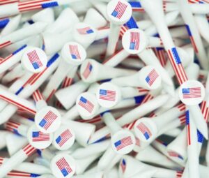 american flag wood golf tees - 2 3/4 inch 100 tees per pack - usa golf tees - red, white, and blue - american flag in tee cup - value pack - custom design - golf essentials -