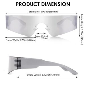 NULOOQ Y2K Rimless Futuristic Wrap Around Sunglasses Women Men, Trendy Cyberpunk Visor Sunglasses Monoblock Cyclops Shades (Black/Gray + Silver/Silver Mirrored) - 2 Pack