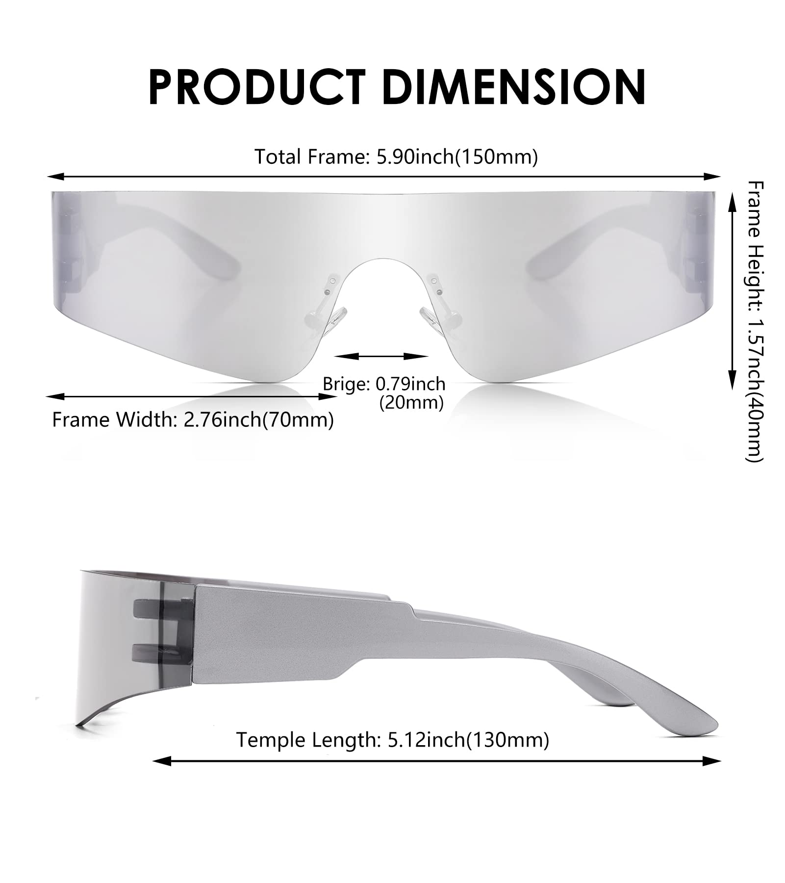 NULOOQ Y2K Rimless Futuristic Wrap Around Sunglasses Women Men, Trendy Cyberpunk Visor Sunglasses Monoblock Cyclops Shades (Black/Gray + Silver/Silver Mirrored) - 2 Pack