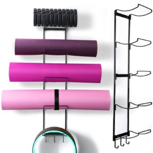 5-tiers yoga mat holder wall mount, metal storage rack for yoga mat/wheels, foam roller and block, wall yoga mat rack with 3-hooks for hanging stretching strap, resistance bands, yoga accessories