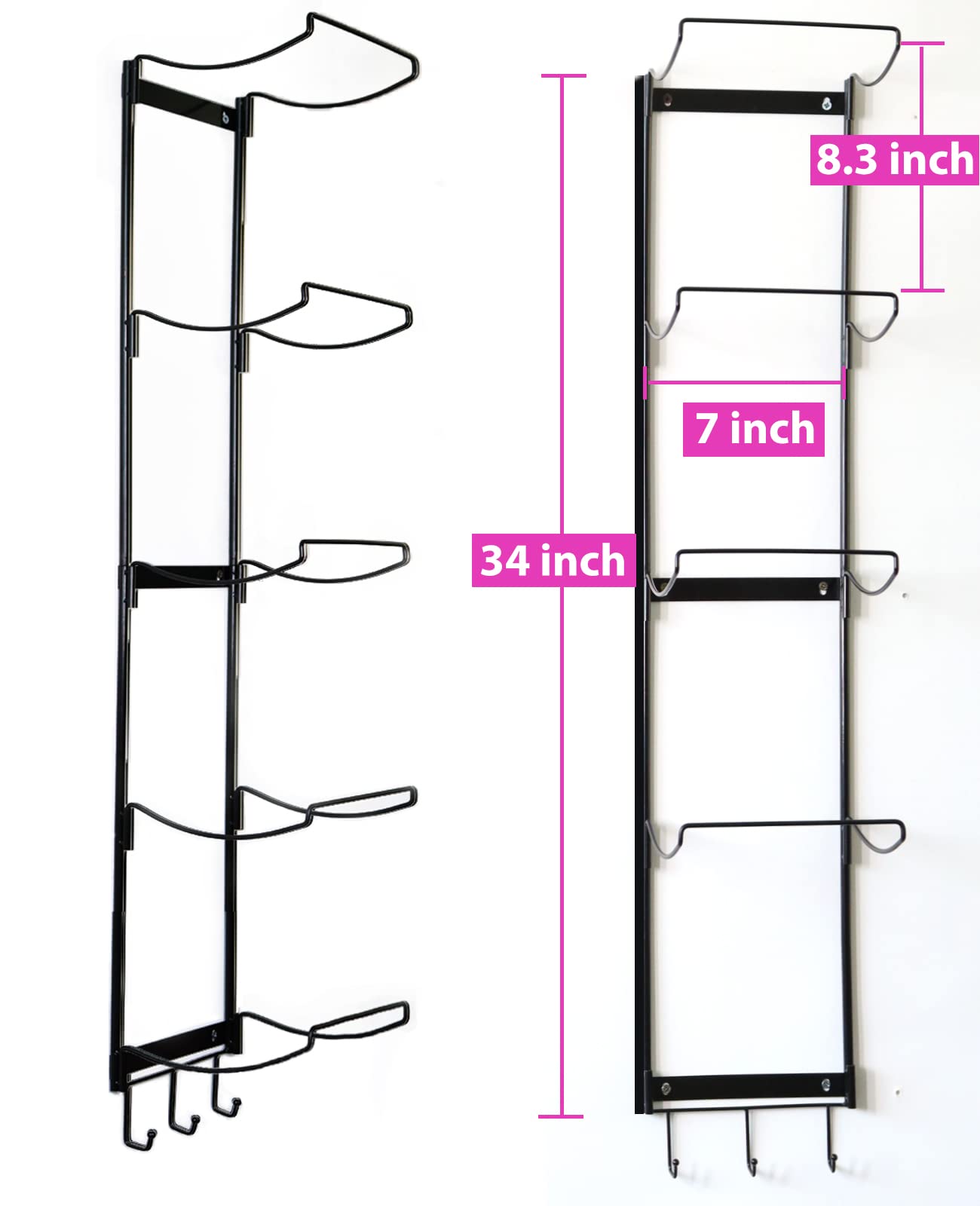 5-Tiers Yoga Mat Holder Wall Mount, Metal Storage Rack for Yoga Mat/Wheels, Foam Roller and Block, Wall Yoga Mat Rack with 3-Hooks for Hanging Stretching Strap, Resistance Bands, Yoga Accessories